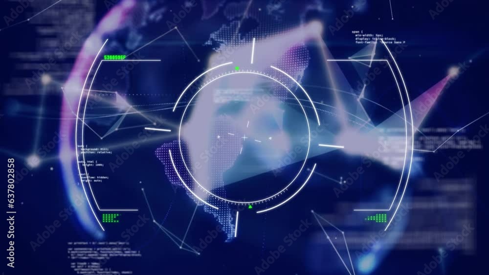 Animation of scope scanning over globe of plexus networks, data processing and blue light trails ...