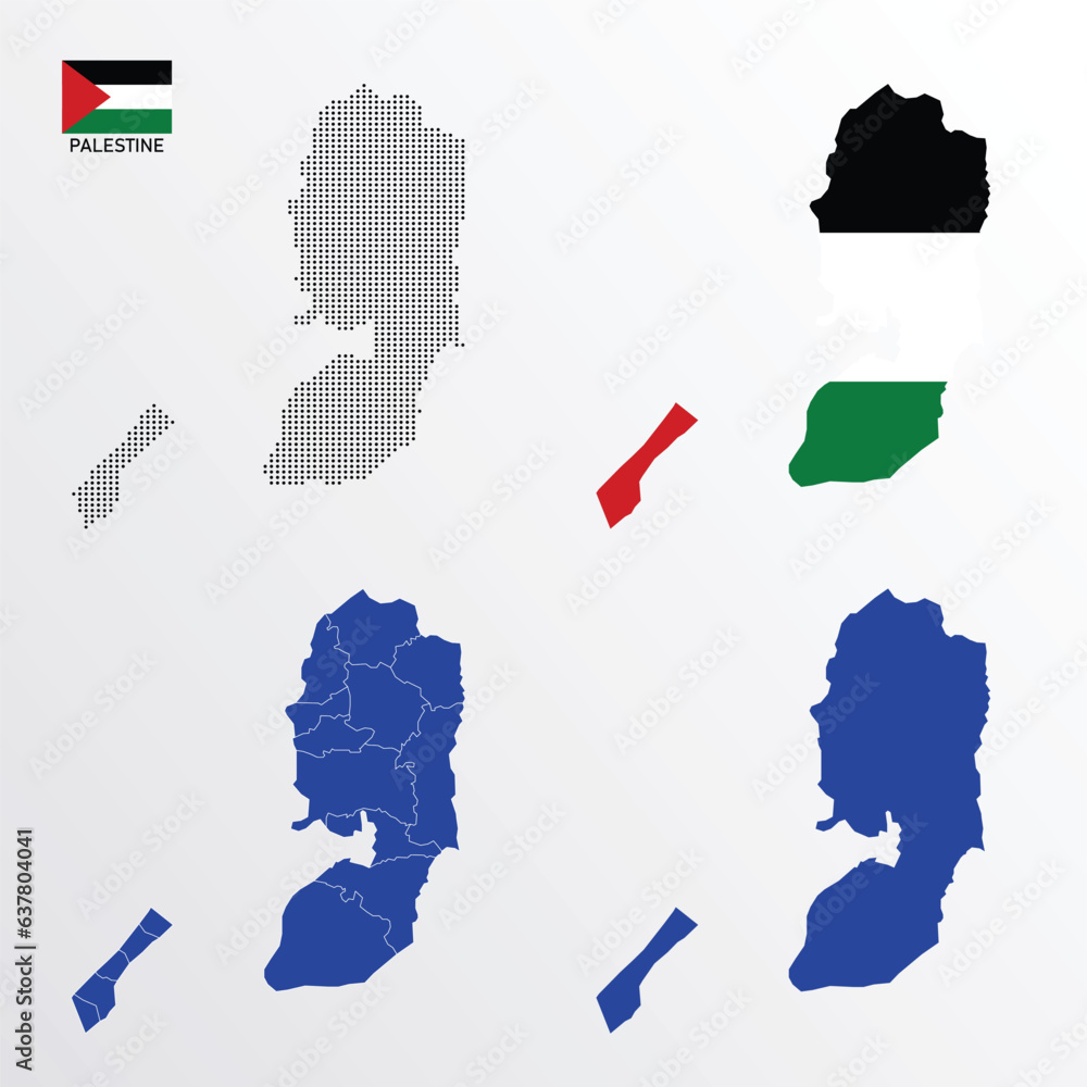 Set of political maps of Palestine with regions isolated and flag on ...