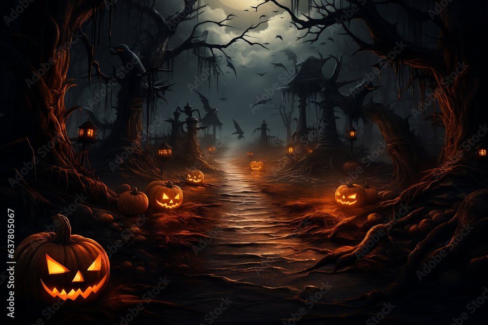 The Haunting Path, Halloween-themed road through the eerie woods with jack-o'-lanterns and bats ...