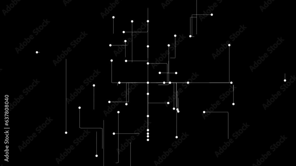 Animation of white dots and lines spreading over black background ...