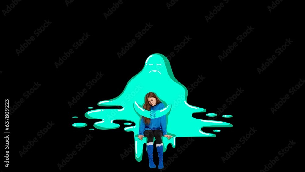 Sad, unhappy teen girl sitting in depression around inner fears and ...