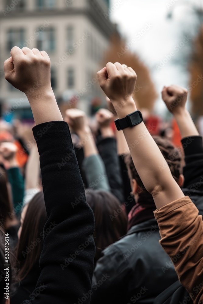 fist raised, unity and women in a protest march together on the street ...