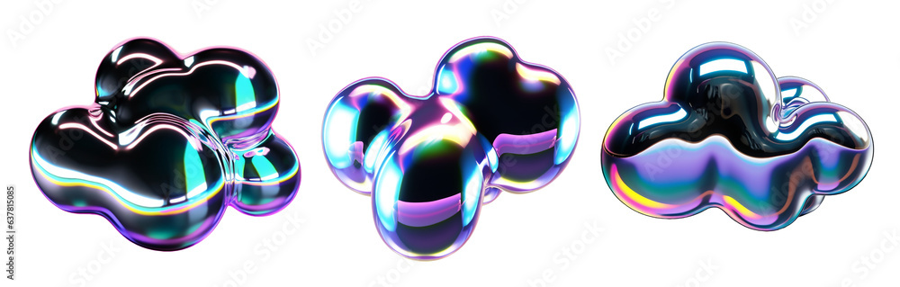 Bold holographic liquid metal blob shapes set isolated. Iridescent ...
