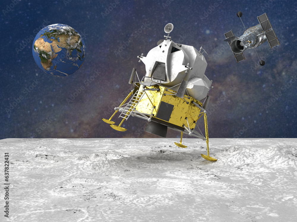 Moon landing on the `South Pole 2023, 3d rendered image with the Hubble ...
