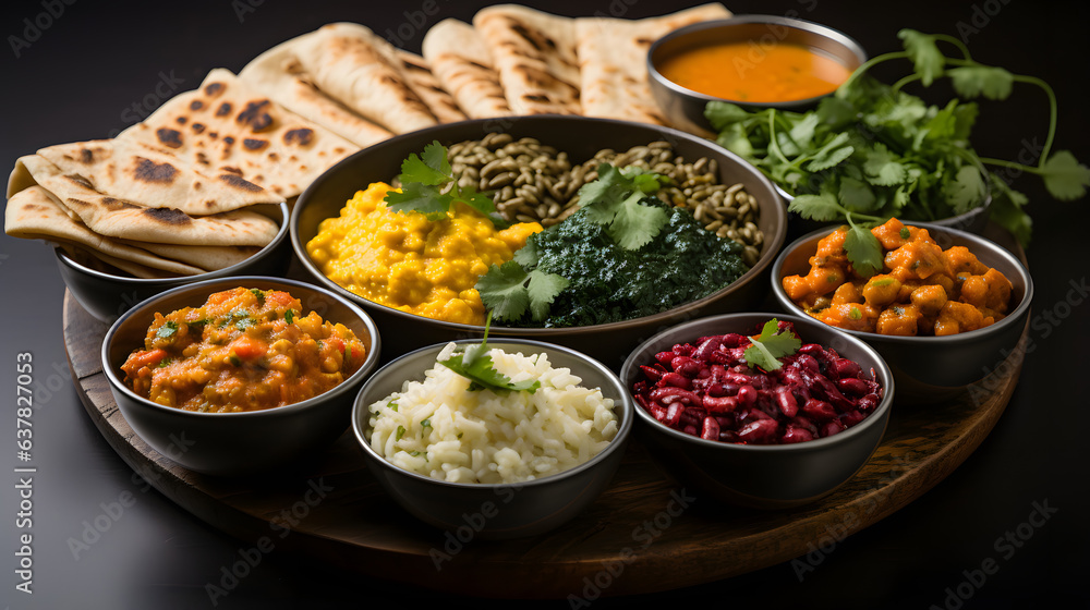 Indian ethnic food buffet on white concrete table from above curry ...