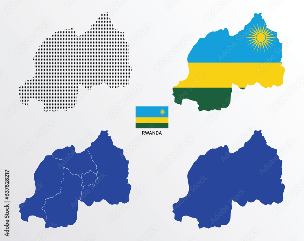 Set of political maps of Rwanda with regions isolated and flag on white background. Rwanda map ...