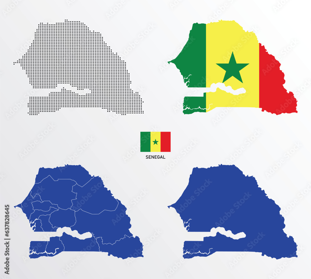 Set of political maps of Senegal with regions isolated and flag on white background. Senegal map ...