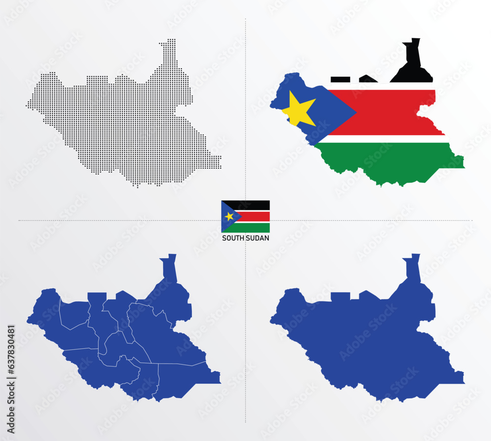 Set of political maps of South Sudan with regions isolated and flag on ...