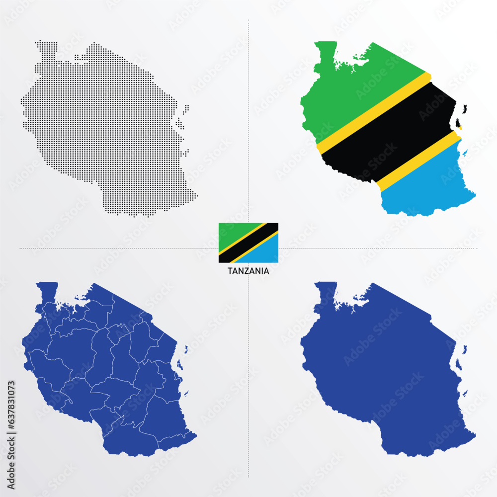 Set of political maps of Tanzania with regions isolated and flag on ...