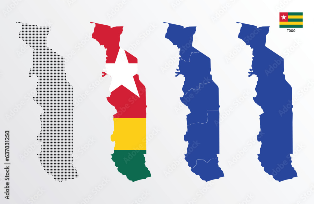 Set of political maps of Togo with regions isolated and flag on white ...