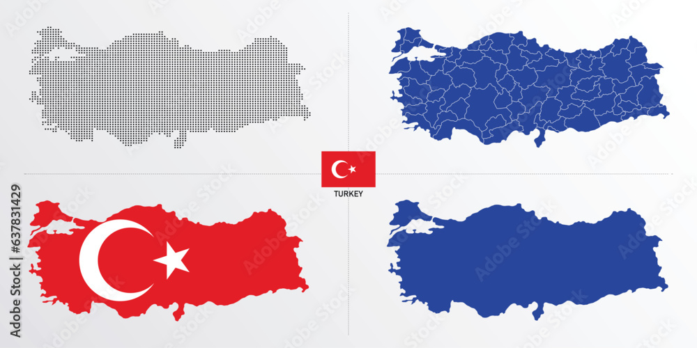 Set of political maps of Turkey with regions isolated and flag on white ...