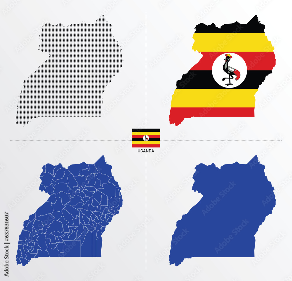 Set of political maps of Uganda with regions isolated and flag on white background. Uganda map ...