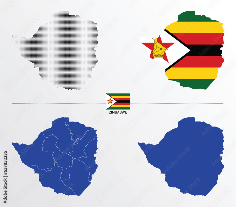 Set of political maps of Zimbabwe with regions isolated and flag on ...