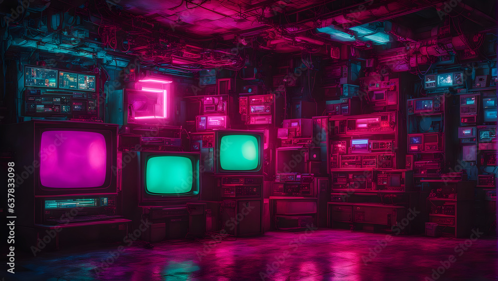 A photo of 1980s cyberpunk large console television monitor NTSC 4:3 in ...