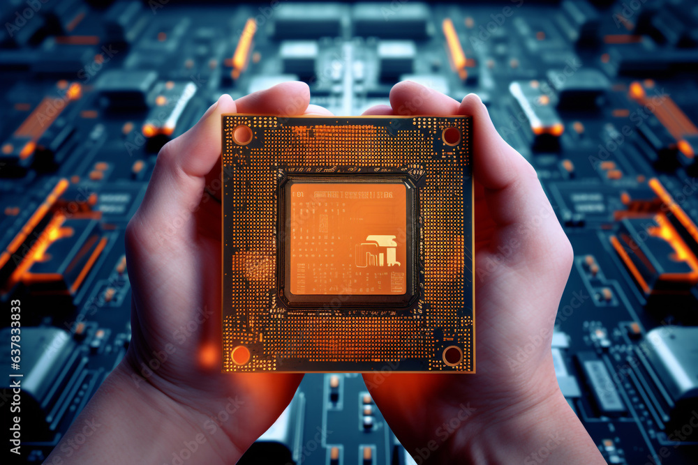 Microprocessor or CPU is held in the hand of a laboratory technician ...