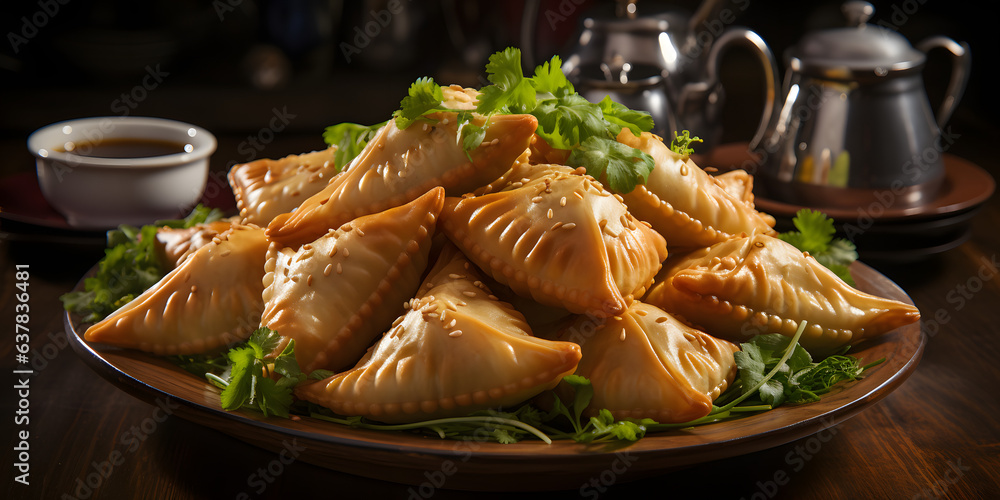 Vegetarian samsa or samosas.Indian special traditional street food ...