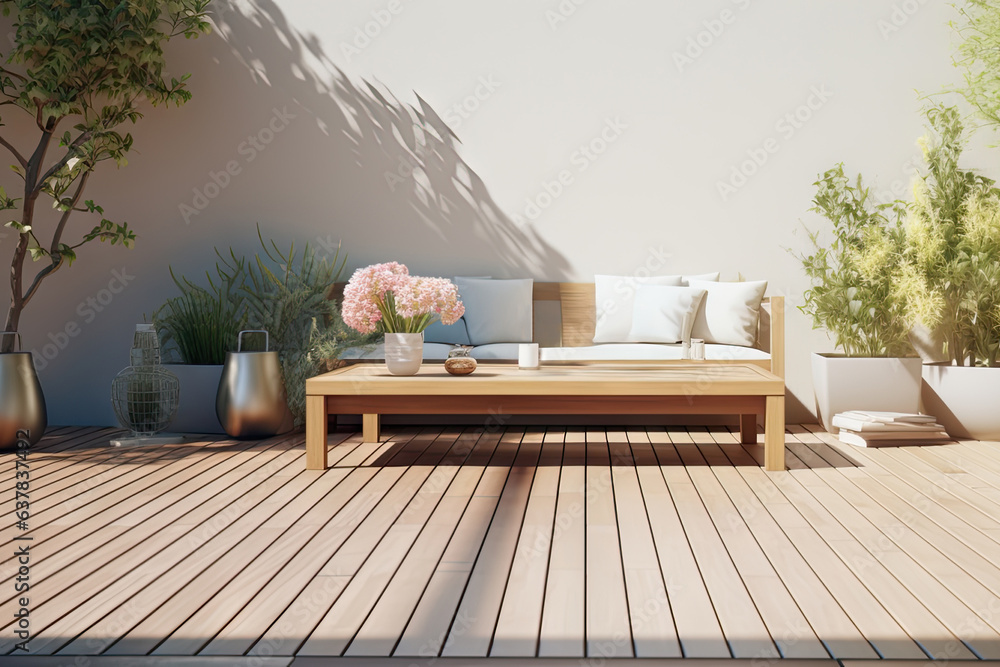 Beautiful of modern terrace with wood deck flooring, green potted ...