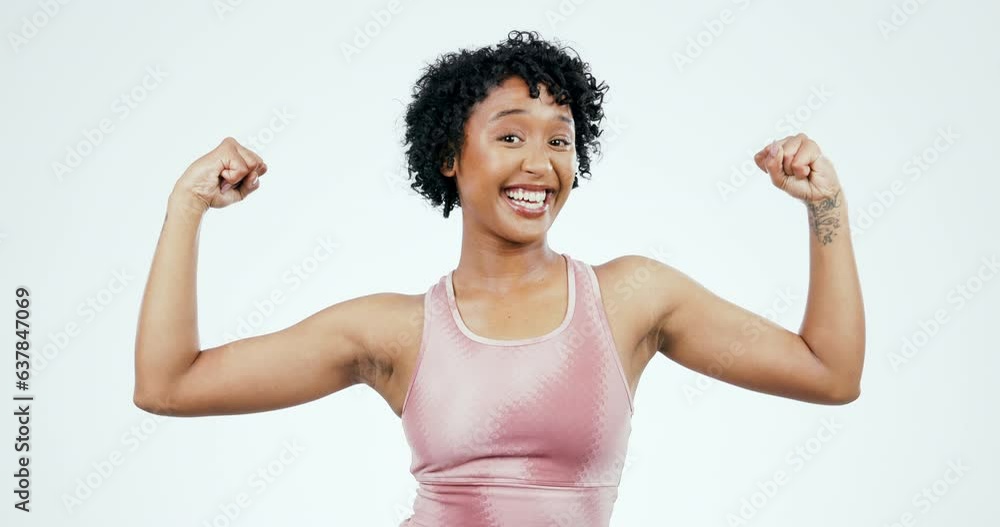 Fitness, woman face and arm flex in studio for training, health and ...