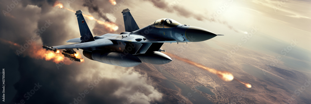 Generic military fighter jet crosses over a target bombing location ...