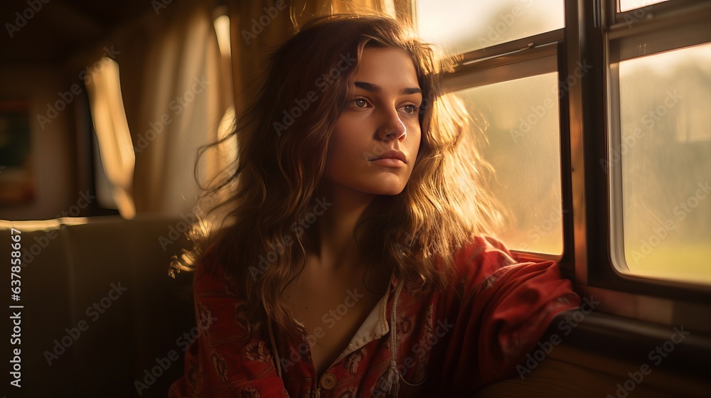 Pensive woman looking outside the window inside a camper van with ...