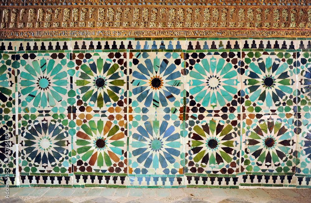 Arab tiles socle and plasterwork inside the Mudejar chapel of St ...