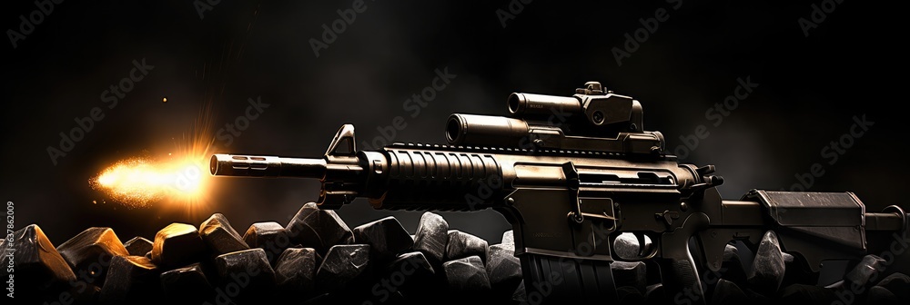 Assault rifle shooting firepower bullets isolated on black background ...