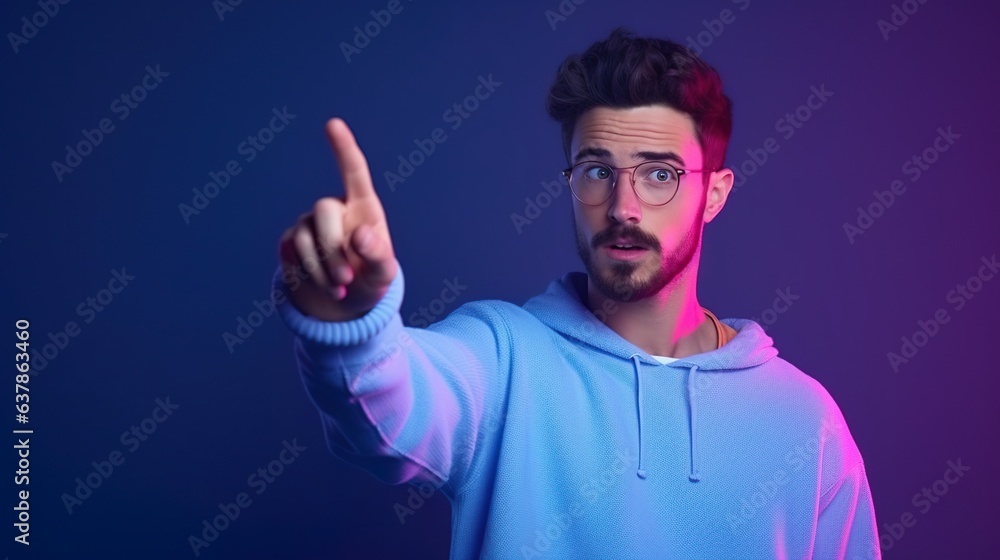 Stylish young professor pointing fingure with an blue & purple gradient ...