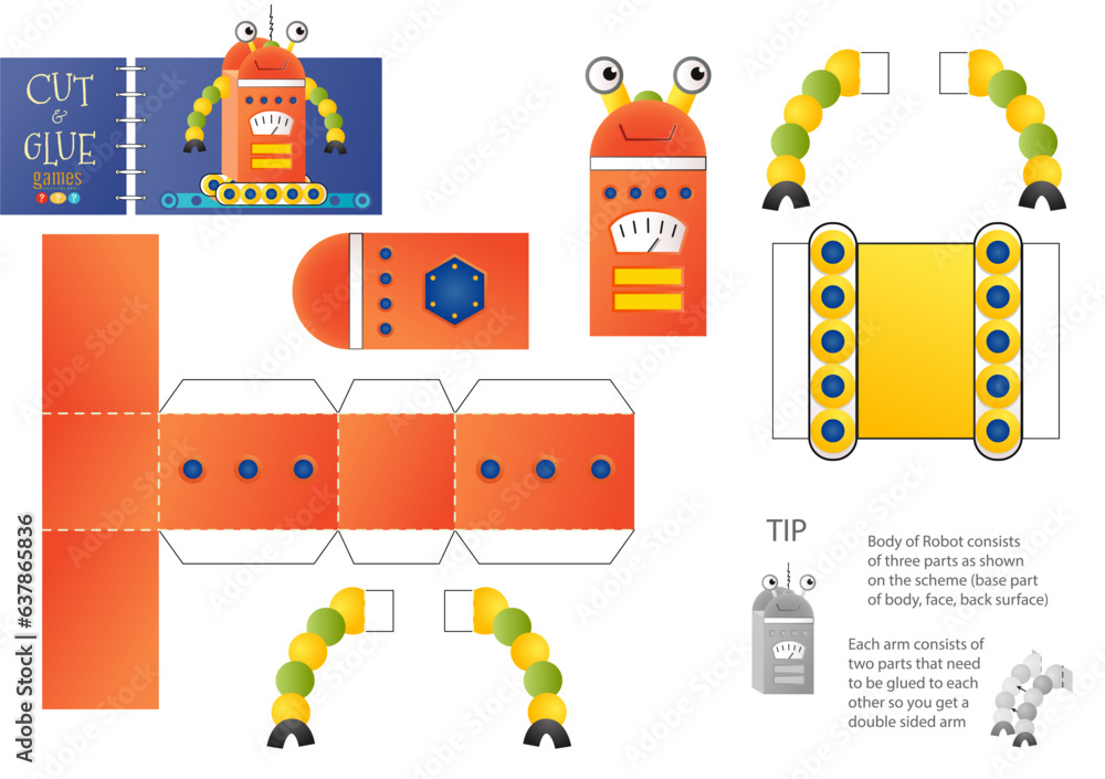 Cut and glue robot toy vector illustration, worksheet. Paper craft and ...