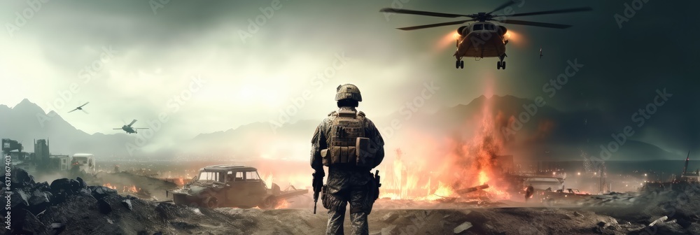 Military special forces soldiers crosses destroyed war zone through ...