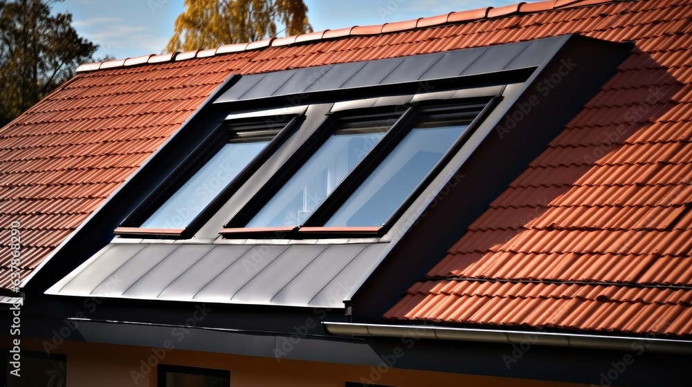 Sloped red clay tile roof with round beaver tail edge, Black metal ...