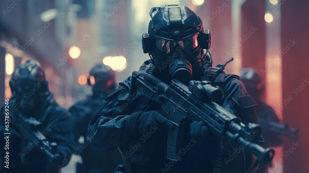 High-Tech SWAT Soldiers Patrolling Cyberpunk Metropolis Stock Photo | Adobe Stock