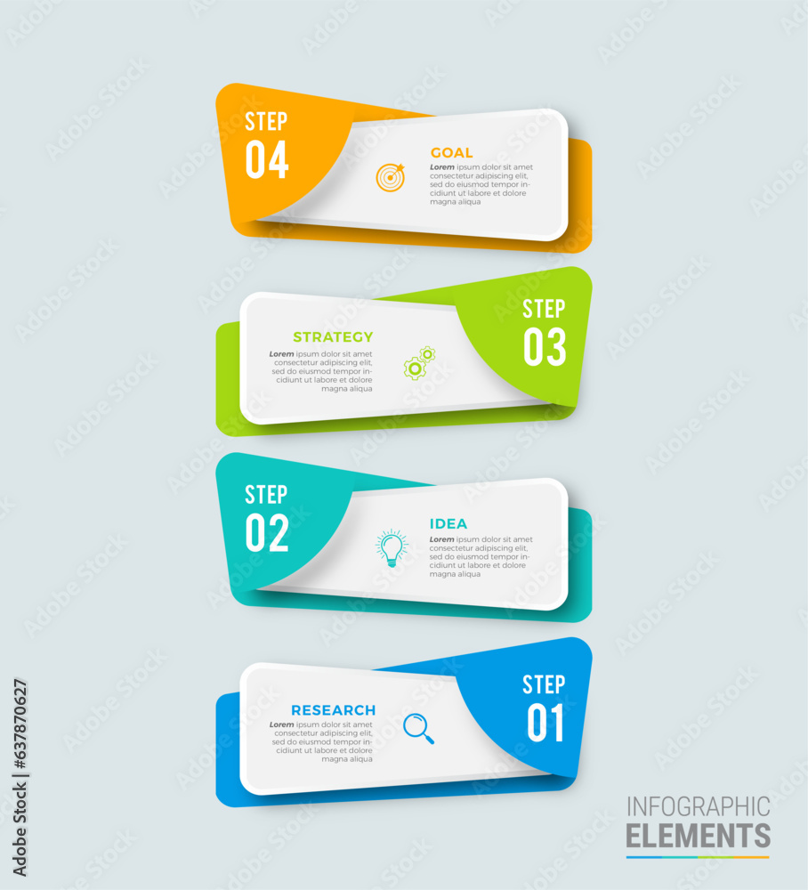 Concept with 4 steps in a row. Six colorful graphic elements. Timeline ...