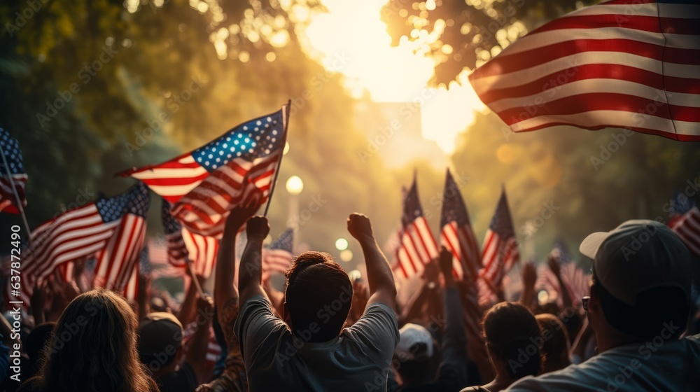 large group of people in an outdoor setting holding American flags, and ...