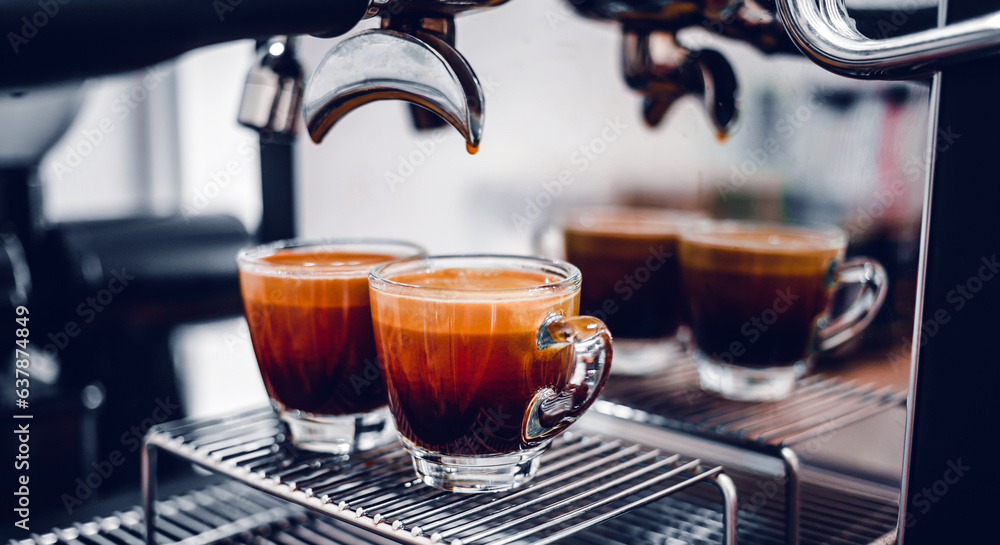 Professional espresso machine while preparing two espressos shot in a coffee shop. Close-up of ...
