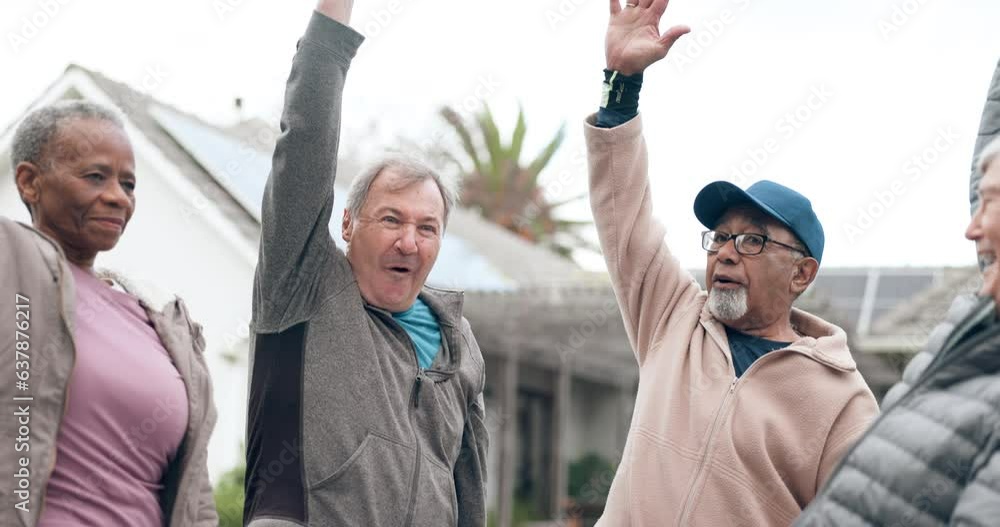 Elderly people, hands together and fitness in teamwork, motivation or ...