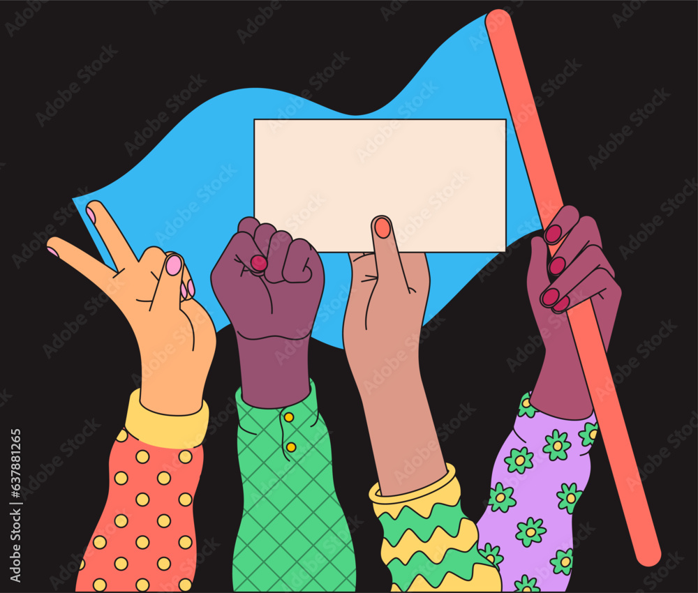 Hands holding protest signs and bullhorn, crowd of people protesters ...