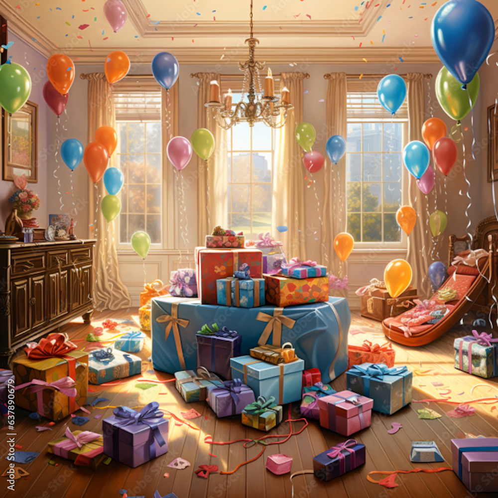 Room Filled with Presents and Balloons: A Festive Scene, Happy Birthday ...