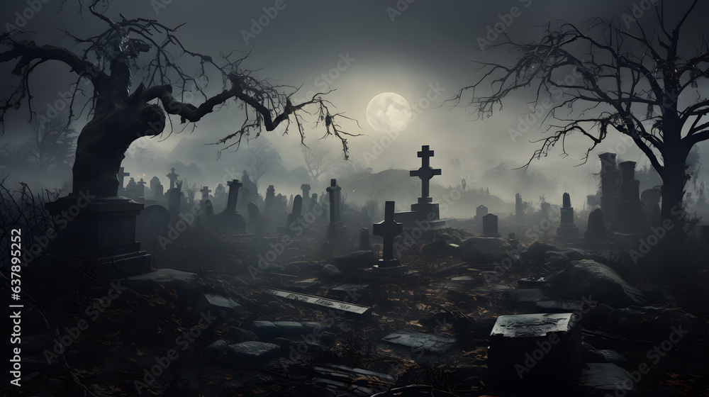 Amidst crumbling tombstones and ancient trees, fog drifts over a ...