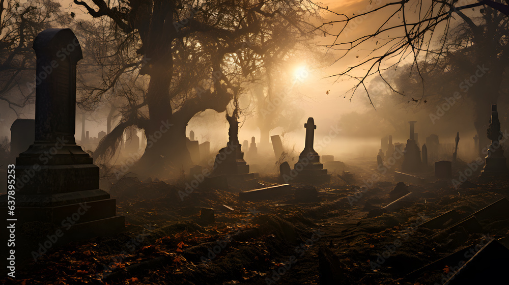 Amidst crumbling tombstones and ancient trees, fog drifts over a ...