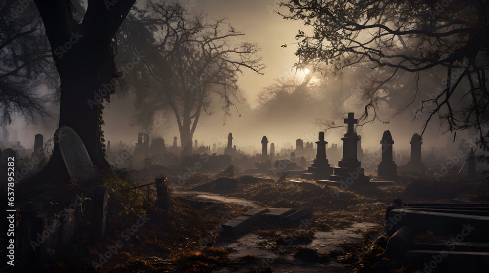 Amidst crumbling tombstones and ancient trees, fog drifts over a ...