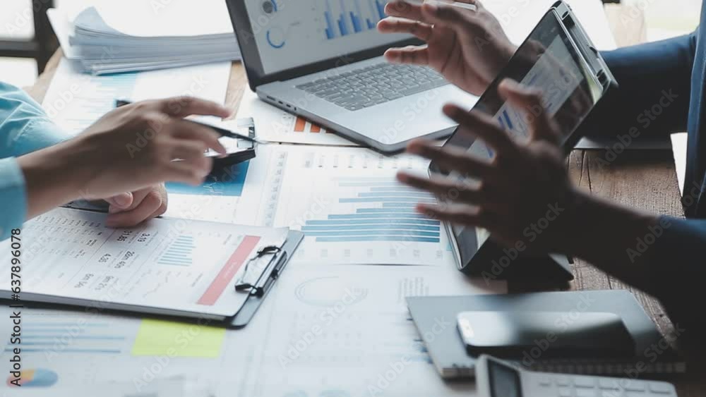 Financial Business team present. Business man hands hold documents with ...