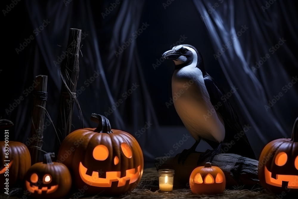Spooky portrait of a penguin in a Halloween setup in studio, dramatic ...