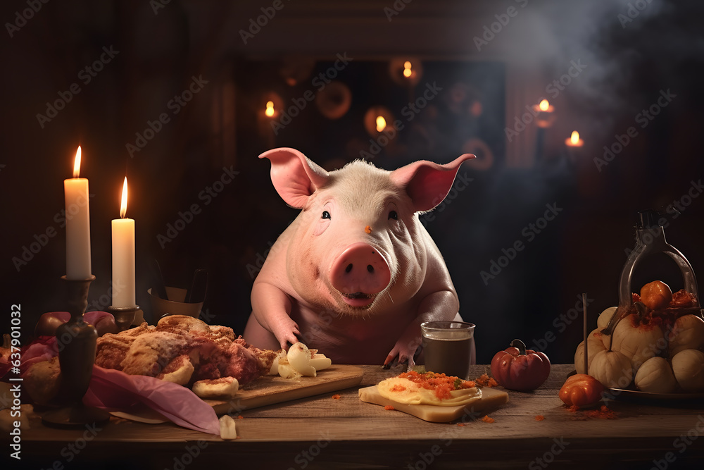 Spooky portrait of a pig in a Halloween setup in studio, dramatic ...