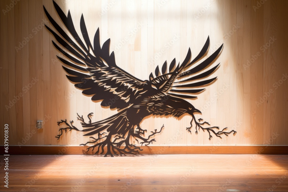 paper bird cut-outs casting shadow patterns on a wooden surface Stock ...