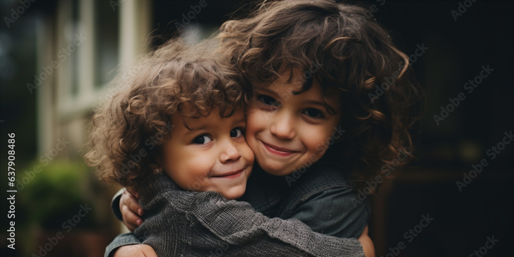child receiving a hug from their older sibling. Generative AI Stock ...