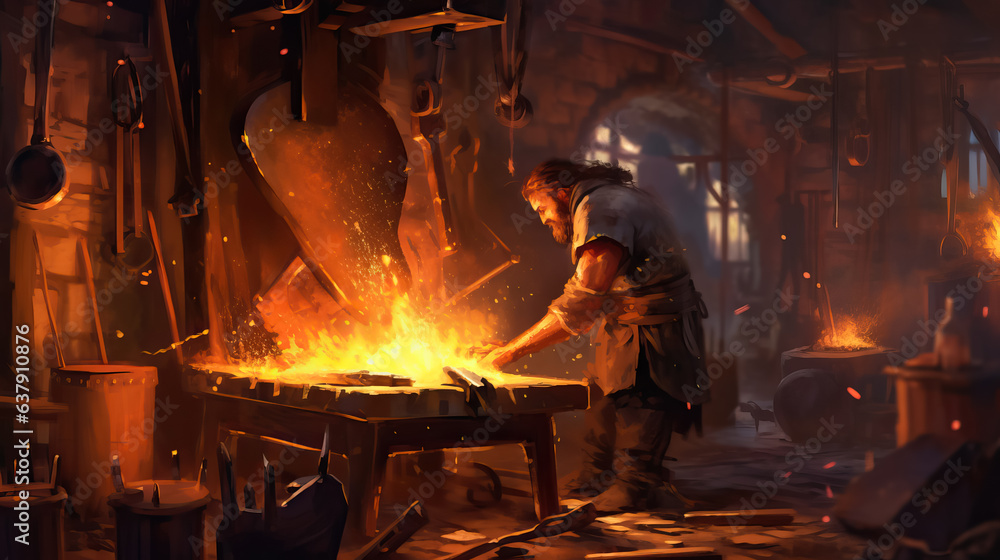 Medieval blacksmith creates a tool in his forge by AI Stock ...