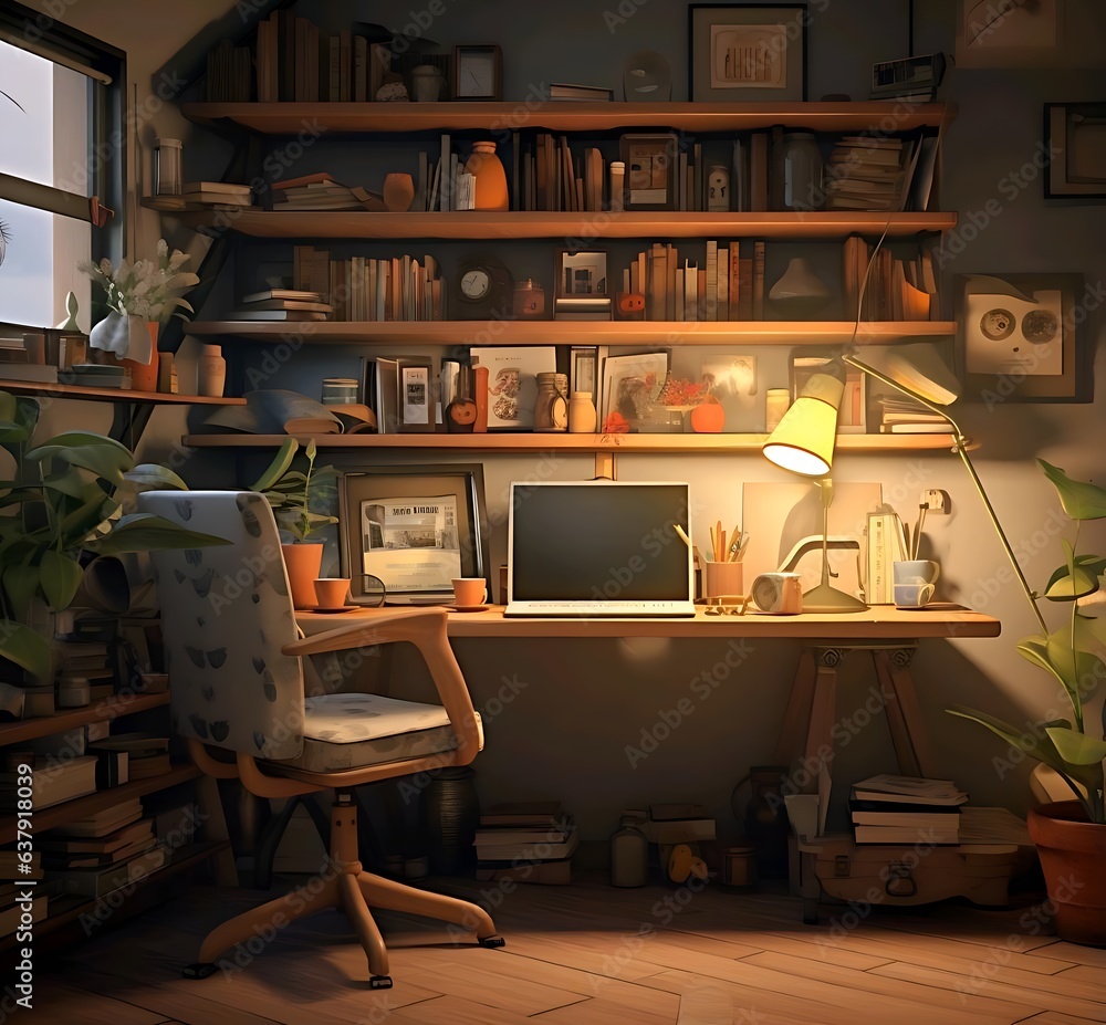 interior of a study room with a table lamp, laptop, chair, books shelf ...