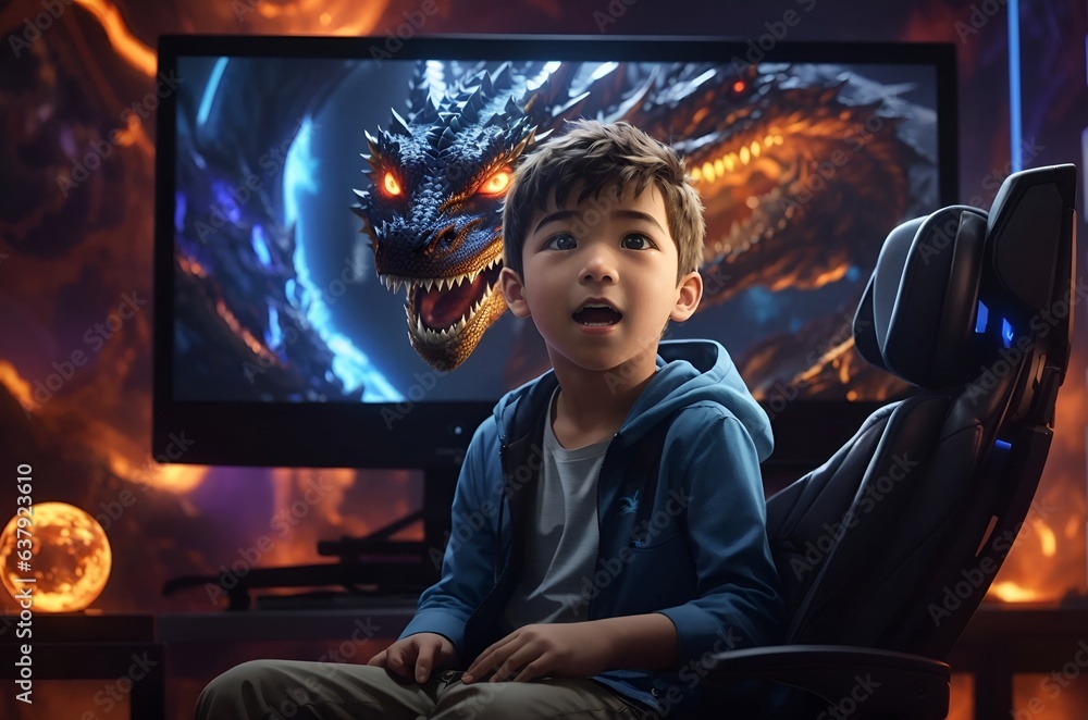 Young Boy Sitting On Gaming Chair and a scary dragon looking at him ...