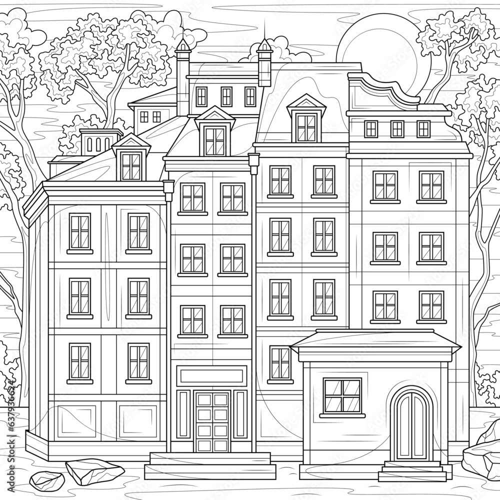 Building and nature.Coloring page antistress for children and adults ...