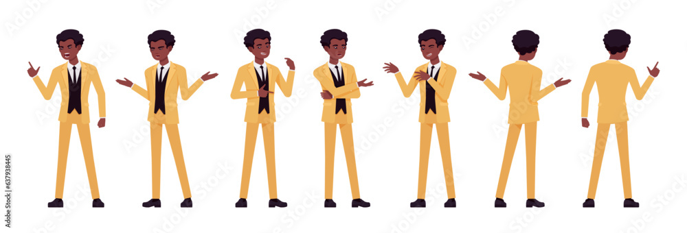 African american yellow suit man, businessman set, talk, speak, scream ...